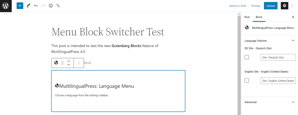 How to Set and Use the MultilingualPress Block Menu - MultilingualPress Docs